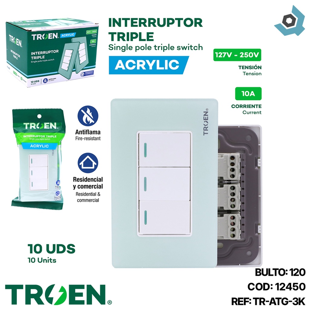 APAGADOR TRIPLE DE ACRILICO VERDE AGUA TROEN | Litani Import Export
